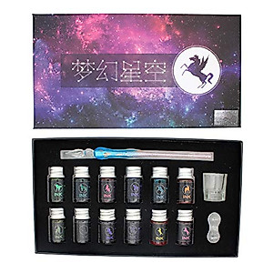 XIAOYU 15 Pieces Glass Dip Pen Set, Handmade Starry Sky Calligraphy Pen and 12 Bottle Inks, Calligraphy Set for Beginners, Lake Blue