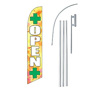 Open/Dispensary 12-Foot Super Swooper Feather Flag with Heavy-Duty 15-Foot Pole and Ground Spike