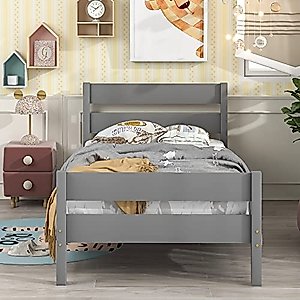 LCH Twin Bed with Headboard and Footboard, Twin Bed Frame for Boys and Girls, Wood Bed Frame for Bedroom, No Box Spring Needed, Grey