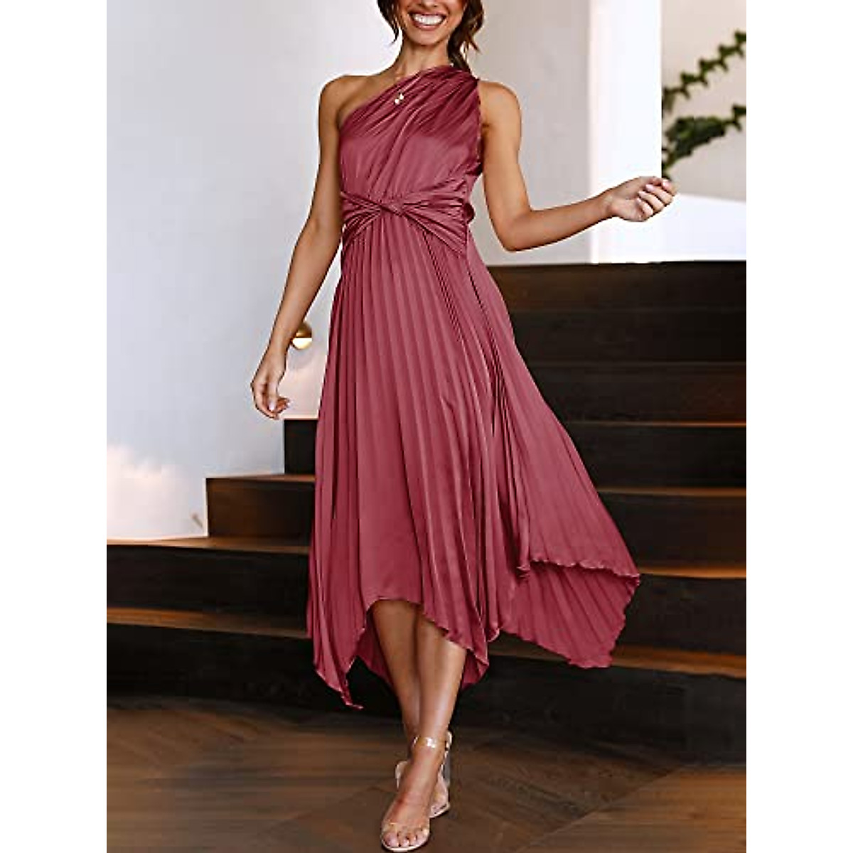 ANRABESS Women's Summer One Shoulder Elegant Cocktail Party Midi Dress Sleeveless Pleated Asymmetric Satin Evening Night Dress Wedding Guest Graduation Prom Dresses 751zaohong-S Maroon