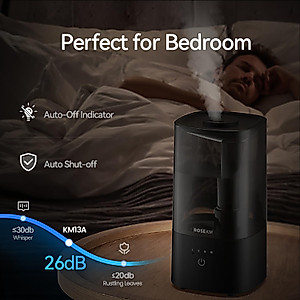 ROSEKM Cool Mist Humidifiers for Bedroom, 2.0L Small Humidifier for Baby and Plant, Last Up to 10H on Max Mist Setting, Auto Shut-Off, Auto-Off Indicator, 360° Nozzle (Black)