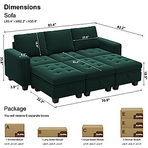 Belffin Green Velvet L-Shape Modular Convertible Sofa Bed with Storage, 83.4x62.2x35.8 inches, 6 Pieces, Medium Firmness