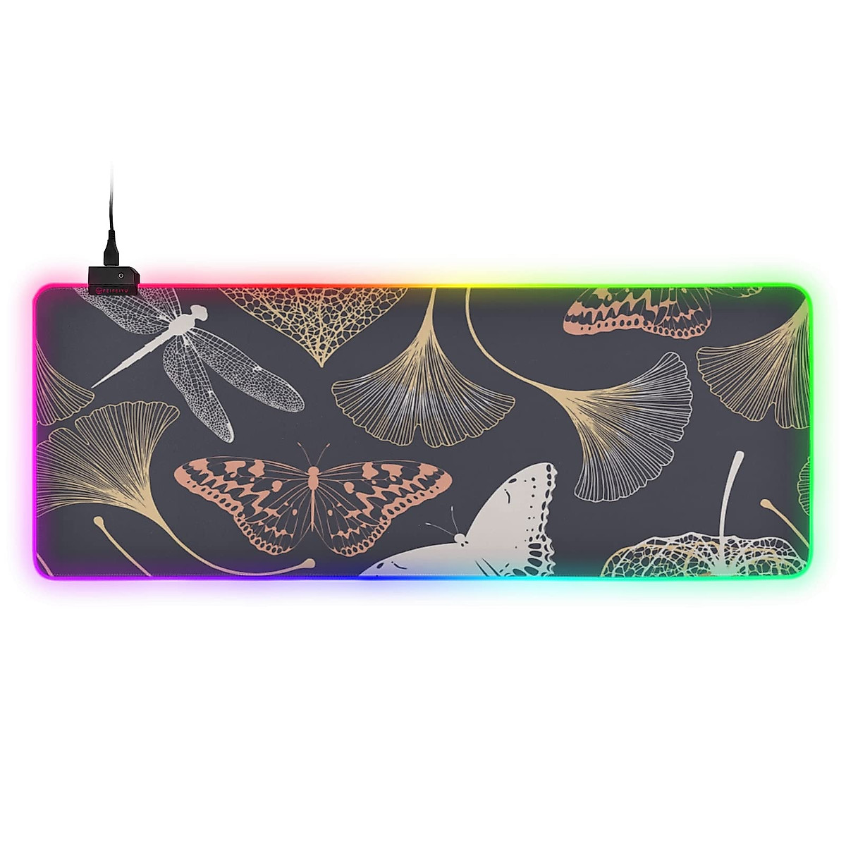 Large RGB Gaming Mouse Pad Floral Pattern Ginkgo Leaves Glowing Extended Mousepad 35.4x15.7in, Soft Anti-Slip Rubber Base Luminous Mouse Mat for Pc Laptop, Gaming, Office, Home