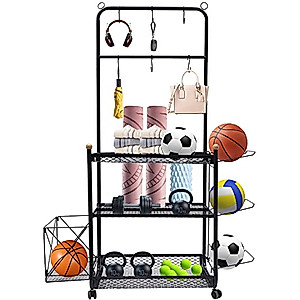 Ball Storage,Garage Sports Equipment Organizer,Garage Storage System,Ball Storage Rack,Garage Ball Storage,Sport Gear Storage,Garage Organizer with Basket and Hooks,Rolling Sports Ball Storage Cart