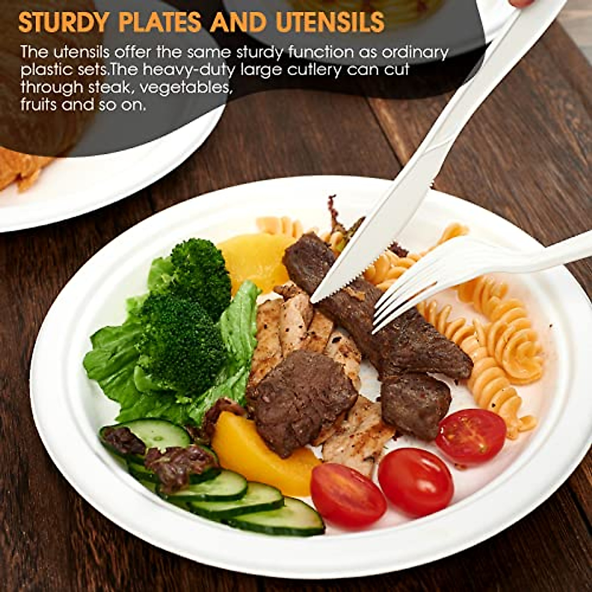 FOCUSLINE 150 Count Compostable Paper Plates and Utensils 30 Guest, Heavy-Duty Disposable Bagasse Plates Eco-Friendly Biodegradable Cutlery, Natural Eco-friendly Compostable Dinnerware