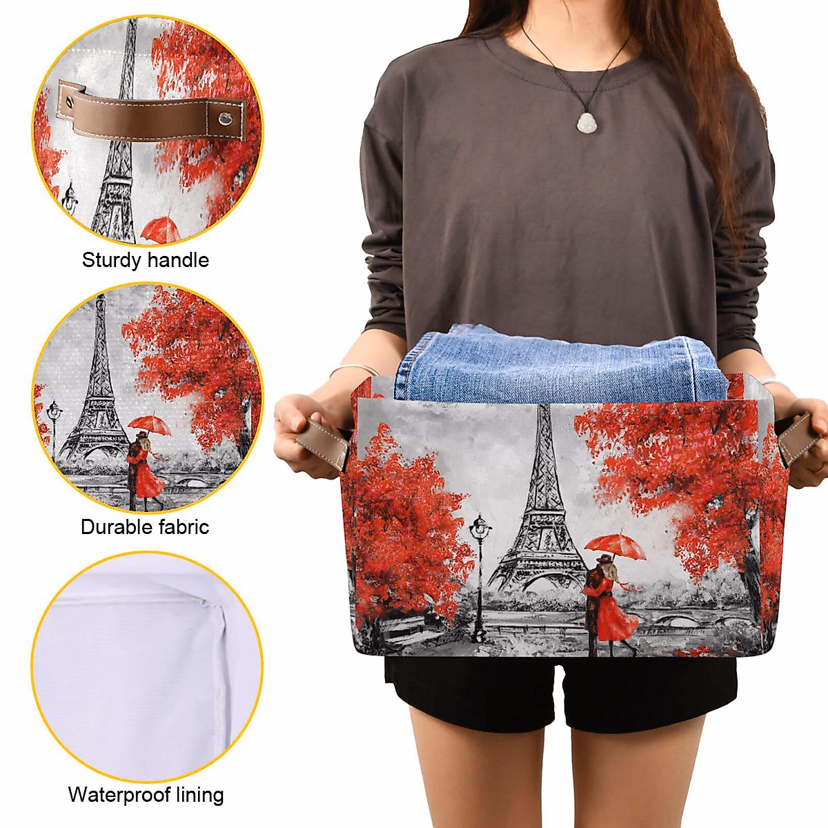 ALAZA Oil Painting Paris Eiffel Tower Large Storage Basket with Handles Foldable Decorative 1 Pack Storage Bin Box for Organizing Living Room Shelves Office Closet Clothes