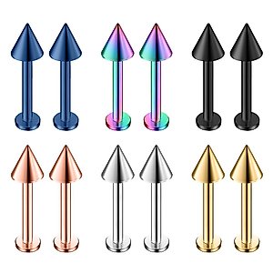 Ruifan 12PCS Assorted Colors Stainless Steel Spike Labret Monroe Lip Ring/Tragus/Helix Earring Stud Barbell Body Piercing Jewelry 14G 10mm