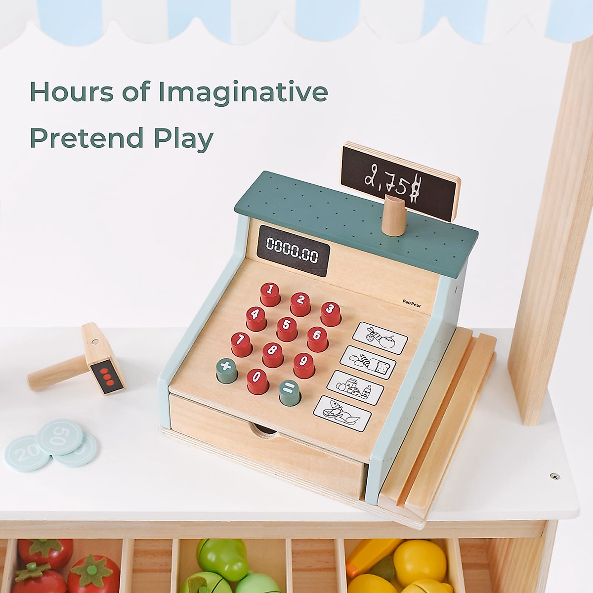 PairPear Wooden Toy Cash Register,Kids Pretend Play Money Counting Toys with Scanner and Credit Card,Toddler Cashier Toy Grocery Play Food Accessory for Pre-School Gift Boys Girls 3+
