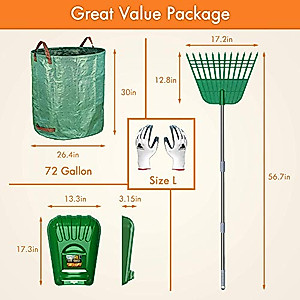 Gardzen Large Leaf Scoop & 12 Tines Gardening Leaf Rake Set, Comes with 72 Gallon Garden Bag