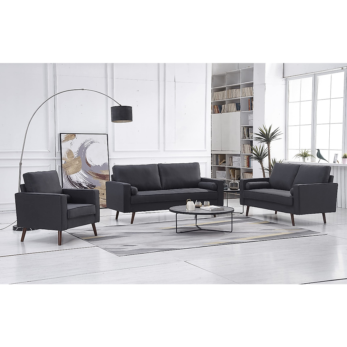 Cinnic Modern Accent Room Sofa Chair, Mid-Century Arm Chair, Linen Fabric Sofa Chairs for Bedroom, Living Room, Reading Single Sofa Chair, Easy, Tool-Free Assembly (Chair, Dark Gray)