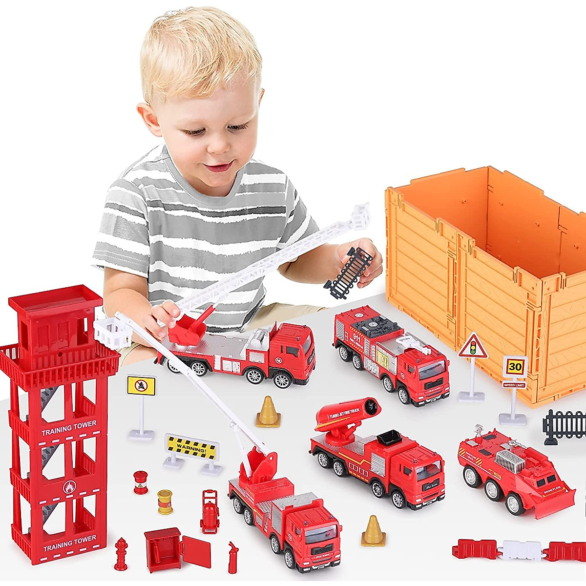iPlay, iLearn Fire Trucks Toy for Boys 3-5, Kids Fire Engine Station Playset, Toddler Emergency Vehicles Learning, Realistic Firefighter Site Ladder Truck, Birthday Gifts for 4 6 7 8 Years Old