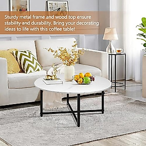 TOYSINTHEBOX Round Coffee Table Modern Coffee Table Sofa Table Tea Table for Living Room, Office Desk, Balcony, Wood Desktop and Metal Legs, White Marble, 31.5"