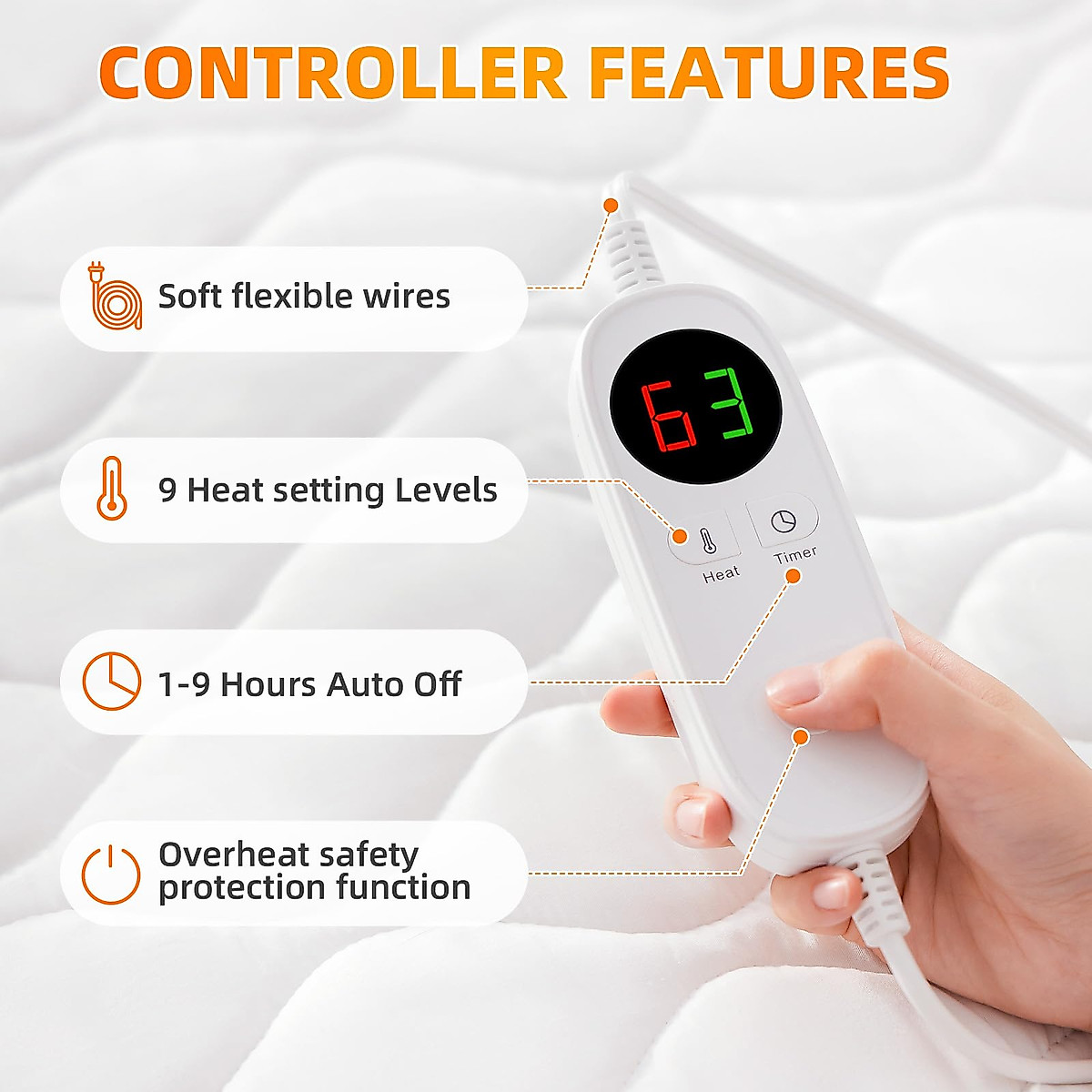 Heated Mattress Pad Queen Size Quilted Electric Mattress Pad with 9 Heat Settings Controller Electric Bed Warmer Fit Up to 21 Inch