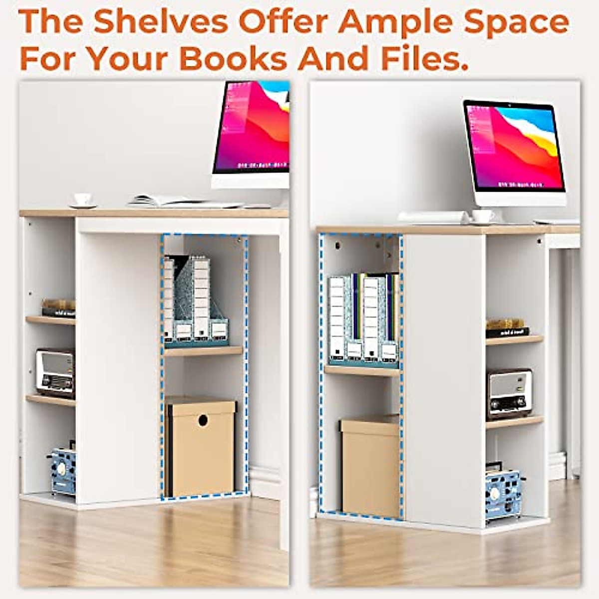 Coavas Computer Desk with Storage, Home Office Desk with Adjustable Shelves, Simple Style Writing Study Desk with Metal Frame, Modern Design PC Laptop Desk, 47 inch, Oak