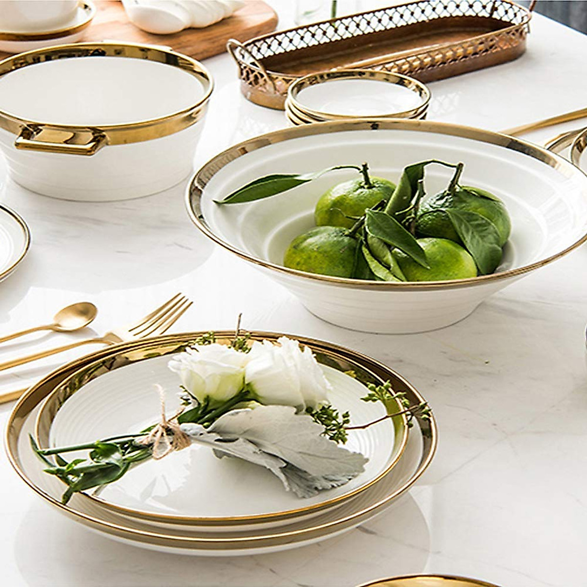 Fine Dinnerware Set,Gold Halo White Porcelain Dinnerware Set, Complete Ceramic Plates and Bowls Sets, Modern Creativity Vintage Round High Class Dishes Set, Luxurious Mellow Dinnerware Dish Set,20PCS