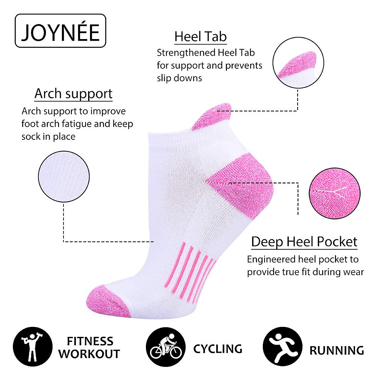 JOYNÉE Womens Ankle Athletic Low Cut Tab Socks Cushioned Running Sports 6 Pack,White,Sock Size 9-11