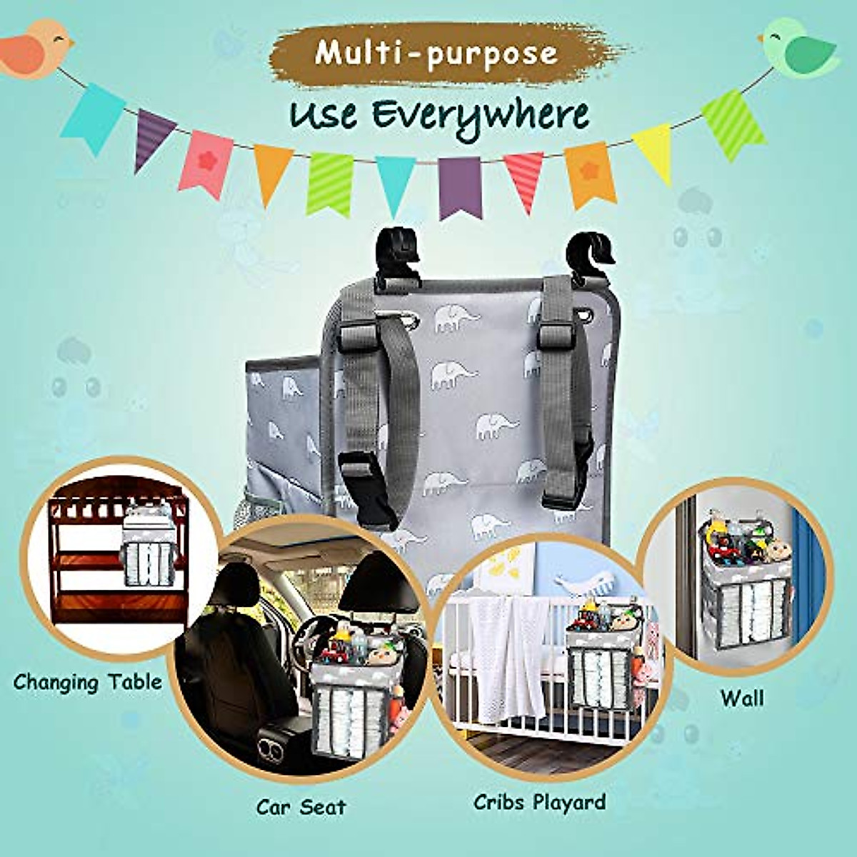 Hanging Nursery Organizer and Baby Diaper Caddy, Selbor Diapers Stacker Storage Bag for Changing Table, Crib, Playard or Wall - Nursery Organization & Baby Shower Gifts for Newborn (Elephant)