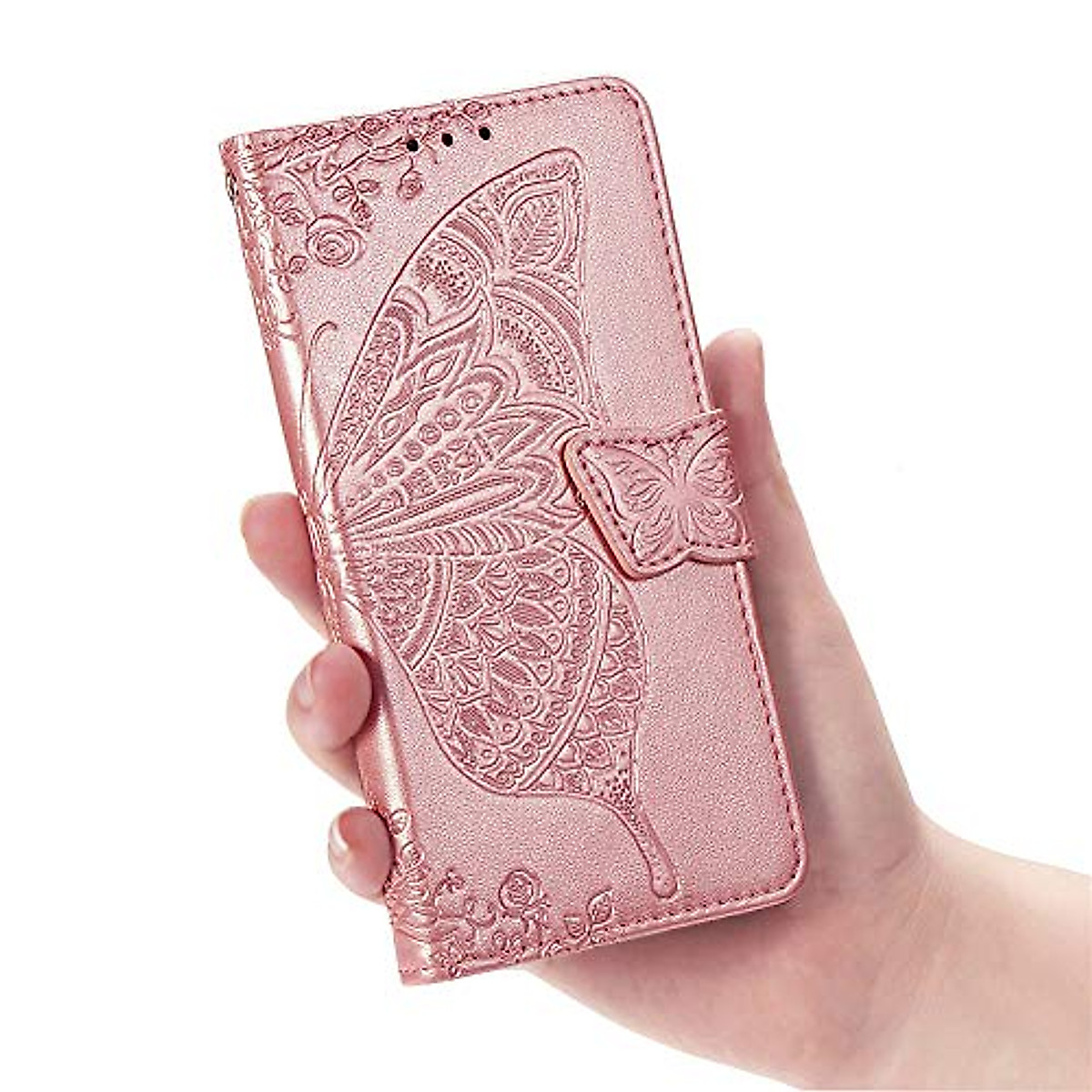 MRSTERUS Leather Case Redmi Note 9S Case Embossed Butterfly Premium PU Leather Folio Magnetic Stand Shockproof Wallet Case Cover with Card Slots for Redmi Note 9 Pro Butterfly Rose Gold SDB