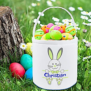 Personalized Easter Baskets Bunny for Boys Girls Custom Name Easter Basket Egg Canvas Tote Bag with Handle Kids Gift Blue