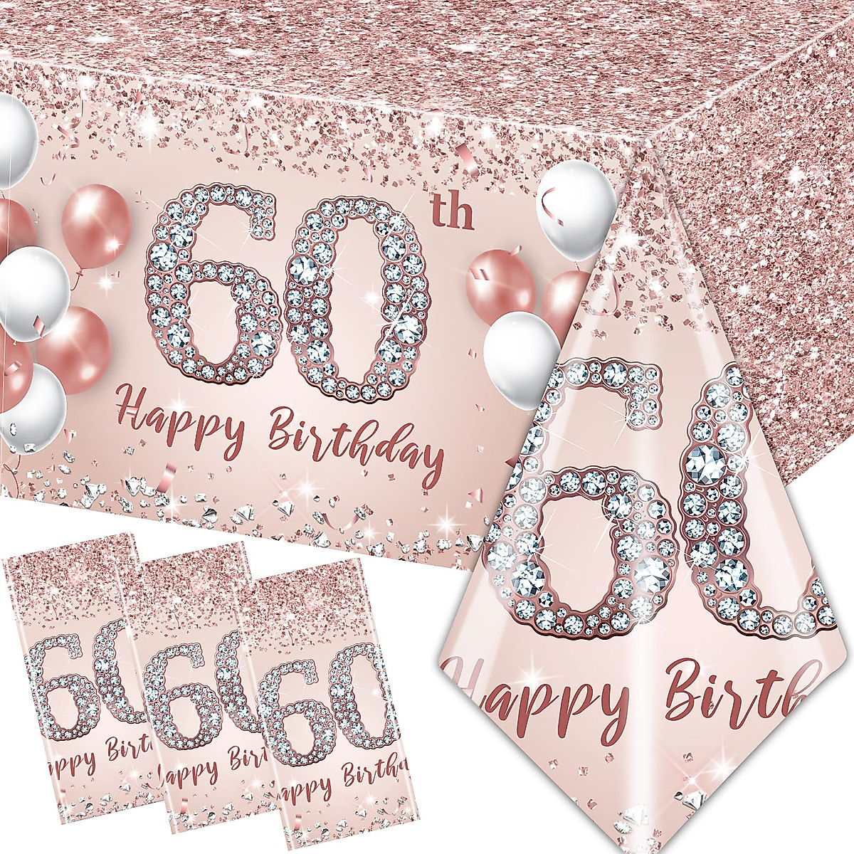 CMUSKO 3 Pack 60th Birthday Tablecloth Decorations for Women, Pink Rose Gold Table Cover Happy 60 Birthday Theme Party Supplies, 60 Year Old Birthday Plastic Rectangular Table Cloth Decor