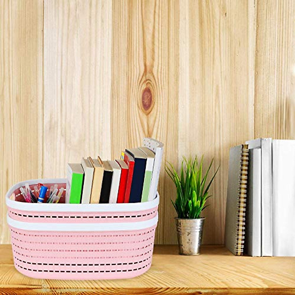 2 Pack Plastic Storage Basket Pink, Large Plastic Woven Basket with Portable Handle, Kitchen Pantry Refrigerator Desktop Storage Boxes for Cabinet Freezer Bathroom Closet, 15” x 10” x 6”