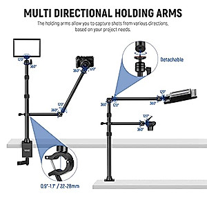 NEEWER Camera Desk Mount Stand with Two Auxiliary Holding Arms, Overhead Camera Mount Tabletop C Clamp 360° Swivel Ball Heads for DSLR, Webcam, Photography, Videography, Live Streaming, Zoom Calls