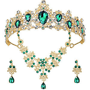 Sureio Baroque Bridal Jewelry Set 3 Pieces Tiara Earrings Necklace Bridal Jewelry Set Wedding Rhinestone Crystal Tiara Crown Headband Princess Baroque Crown for Bride Women(Blue)