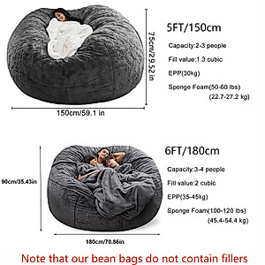 cjc Giant Fur Bean Bag Chair Cover for Kids Adults, (No Filler) Living Room Furniture Big Round Soft Fluffy Faux Fur Beanbag Lazy Sofa Bed Cover,Snow White,6FT 150 * 75cm