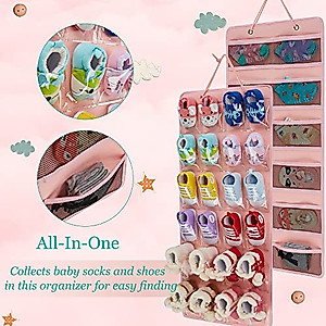 HUHYNN Baby Shoe Organizer for 12 Pairs of Boys Girls Baby Shoes, Double Sided Baby Shoe Organizer with Multiple Pockets(No Accessories Included) (Pink)