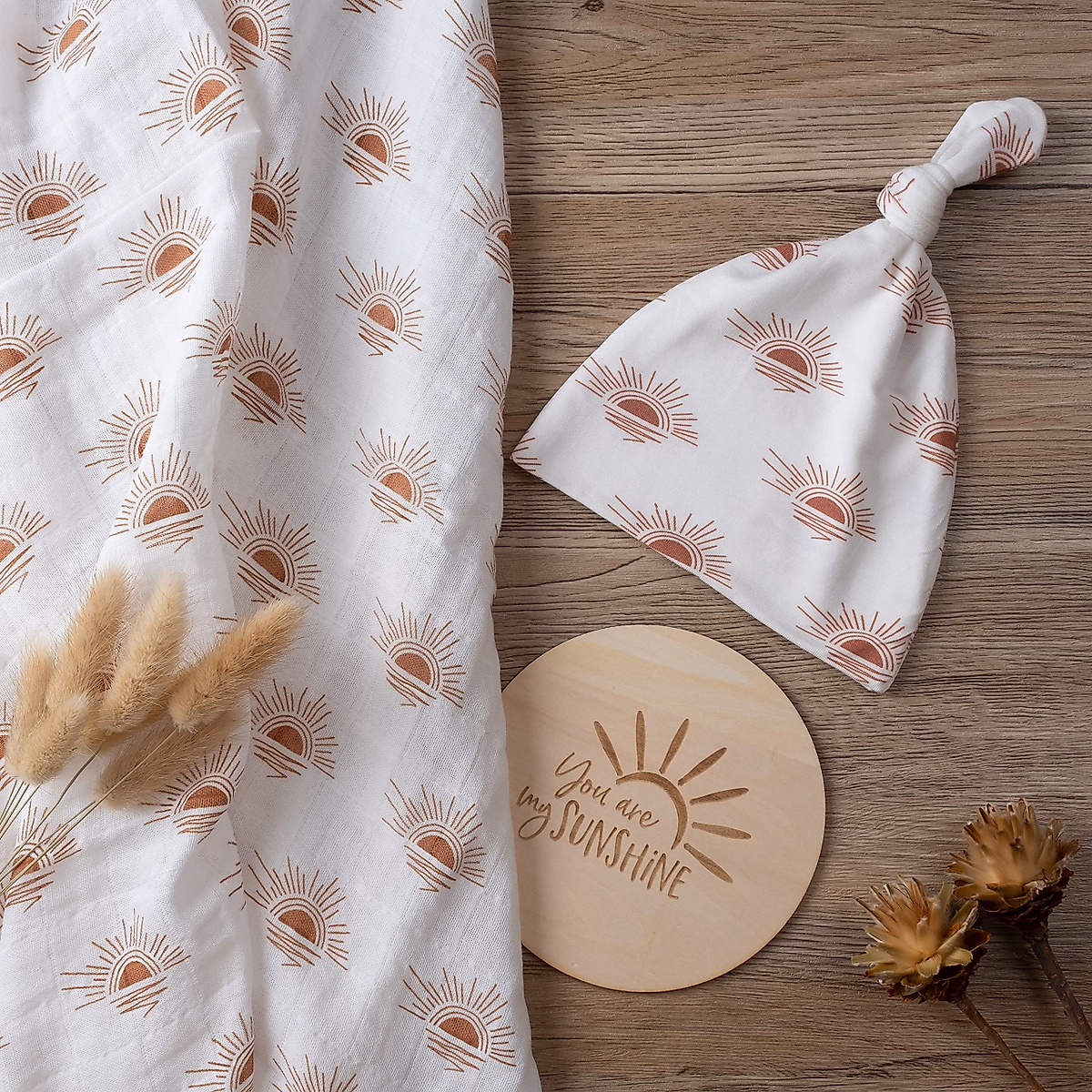 Miaoberry 100% Organic Cotton Baby Muslin Swaddle Blanket Set| Clay Rust Boho Sunrays| Gender Neutral for Boys Girls|Rust Sunset Sunshine| Hospital Newborn Receiving Blanket |Newborn Unisex