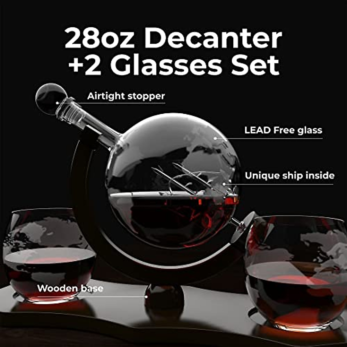 Chef's Star Whiskey Decanter Set for Men- Etched Globe Decanter Set with 2 Etched Globe Glasses, for Whiskey, Bourbon, 2 Globe Etched Glasses and Whiskey Stones, Liquor Gift Set, 850ml (28 oz)