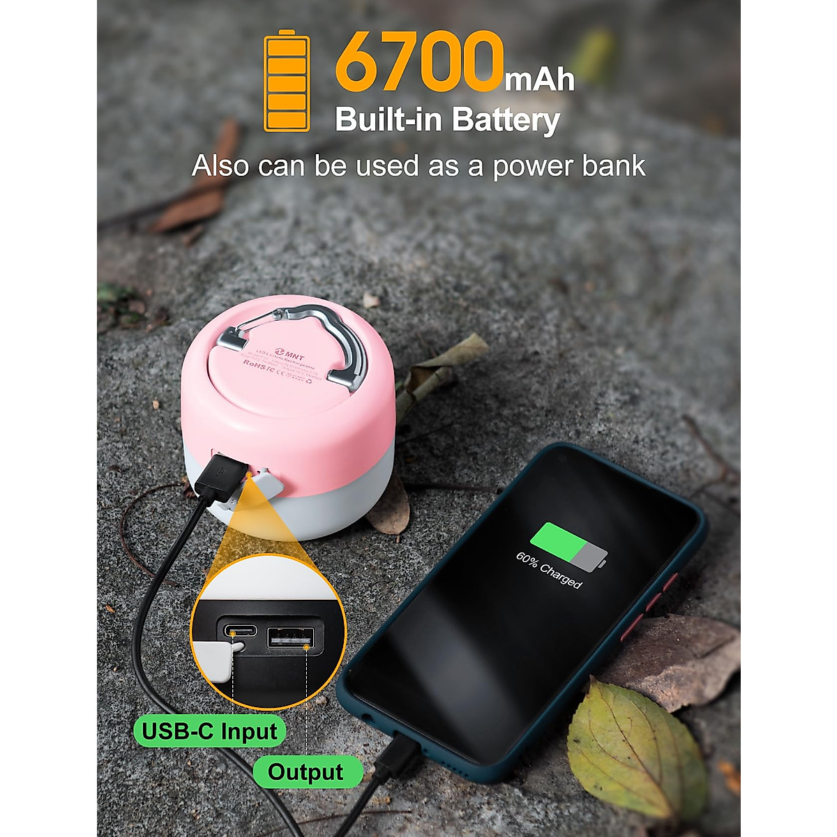 ZMNT LED Camping Lantern Rechargeable 1000LM, Up to 320H Running Time Camping Tent Light, 6700mAh Emergency Light for Hurricane, Power Outages, Home, Hiking, Water-Resistant Pink