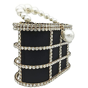 Synthetic Pearl Top-Handle Women Metal Bucket Bag Crystal Evening Purses and Clutches Formal Wedding Handbags (Black)