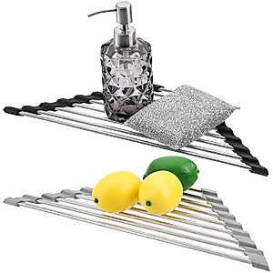 Fasmov 2 Pack Dish Drying Rack, 304-Stainless Steel Sink Organizer for Sponge, Brush, Scrubber, Soap Dispenser Holder, Corner Dish Drying Rack, Gray & Black