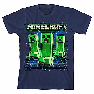 Minecraft Glowing Creepers Big Boys Youth T-Shirt Licensed (Navy Blue, Medium)