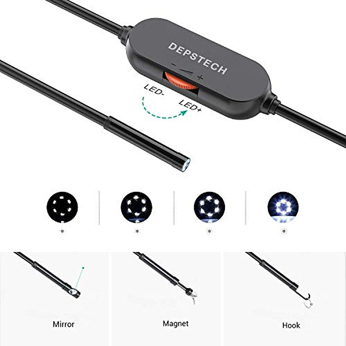 USB Endoscope Camera, DEPSTECH 720P IP67 Waterproof Borescope, 5.5mm Snake Inspection Camera, Type-C Scope Camera with 16.5ft Semi-Rigid Cable, 6 LED Lights, Compatible with OTG Android Phone, PC