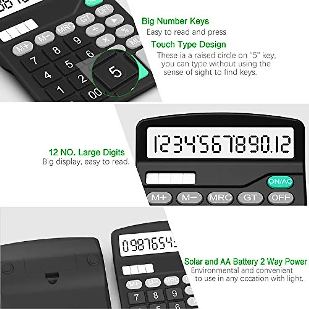 Calculators, Splaks 2 Pack Standard Functional Desktop Calculators Sola and AA Battery Dual Power Electronic Office Calculator with 12-Digit Large Display (1 Basic Black&1 Updated Silver)
