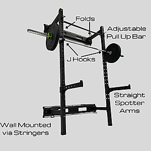 HulkFit Pro Series Wall Mounted Folding Power Rack Cage with J Hooks and Height Adjustable Pull Up Bar - Black