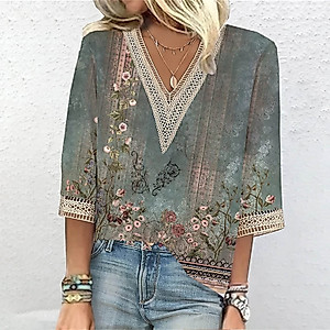 Womens 3/4 Sleeve Fall Tops for Women 2023 Trendy Dressy to Hide Belly Summer Beach Vacation Vintage T Shirt 2023 T-Shirts for Women Flowy V Neck Lace Clothes Lightweight,Green