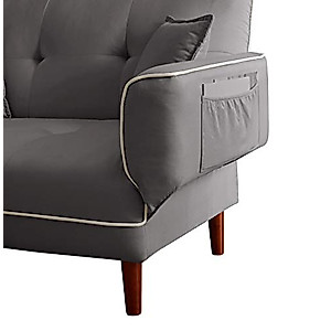 Convertible Futon Sofa Bed with 2 Pillows, Sleeper Sofa Futon Couch, Recliner Couch with Adjustable Armrest and Wood Legs, Living Room Sofa with 5-Angle Backrest for Small Space (Grey)