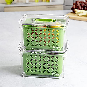 Goodful Produce Keeper, Adjustable Air Vents, Removable Insert/Colander, Durable Food Safe Material, Stackable, Clear and Green, Small, 7.6" x 5.6" x 4.2", Two Pack
