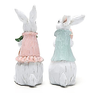 Hodao Set of 2 Easter Bunny Couple Decorations Spring Easter Rabbit Decors Figurines Tabletopper Decorations for Party Home Holiday Cute Rabbit Easter Day Couple Gifts Decorations