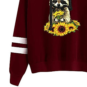 Anime Graphic Hoodies for Womens Raccoons and Sunflowers Print Sweathirts Workout Tops Long Sleeve Casual Pullover
