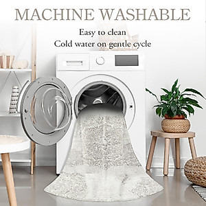 Lahome Vintage Medallion Round Rug 3ft - Non-Slip Distressed Area Rug Small Accent Throw Rugs Floor Carpet for Door Mat Entryway Bedroom Laundry Room Decor (3ft, Gray)