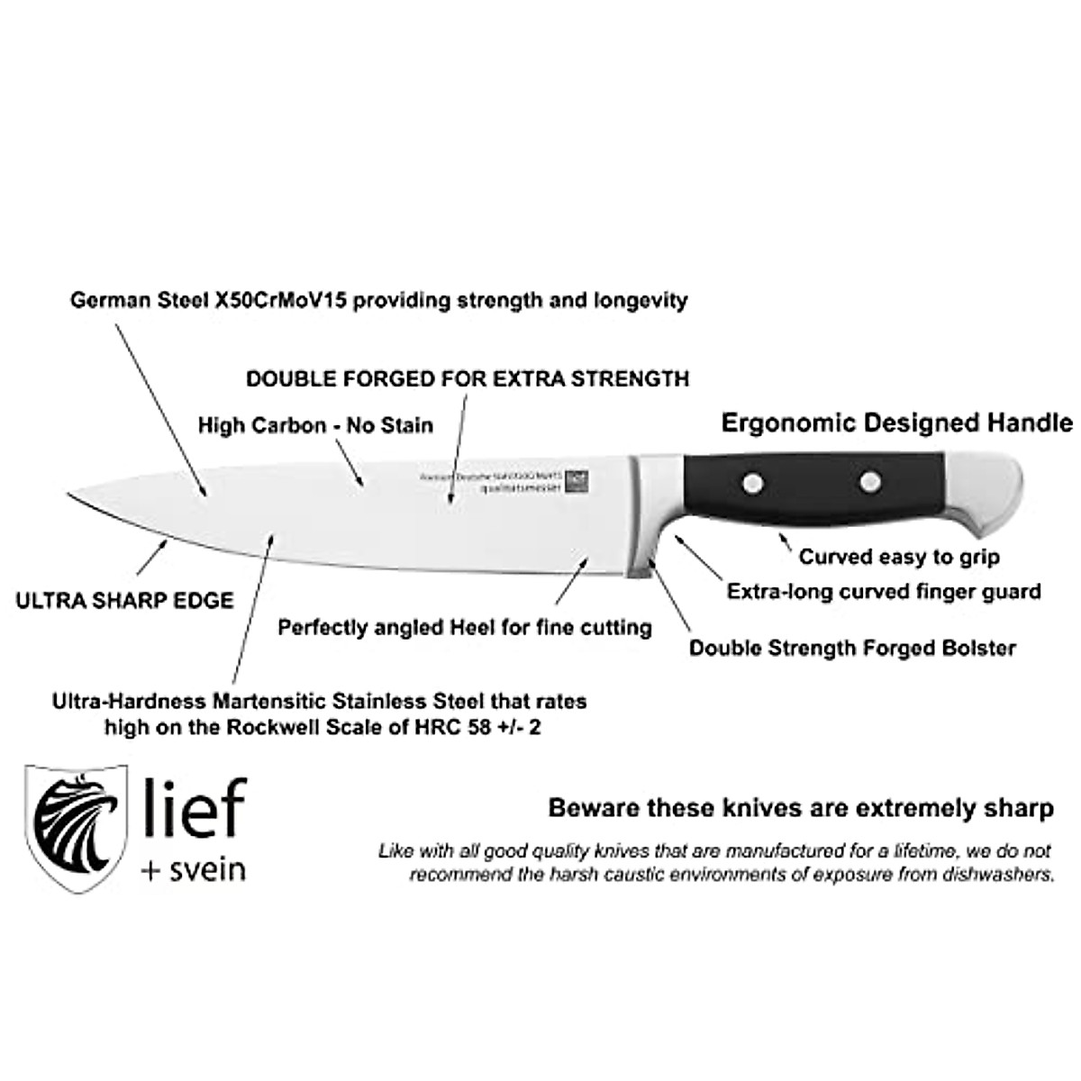 LIEF+SVEIN Brand German Steel Knife Block Set, 5-Piece Kitchen Knife Set with block. German Stainless 1.4116 Steel. Unique Kitchen Knives. Ideal Modern Décor Black knife sets with block.