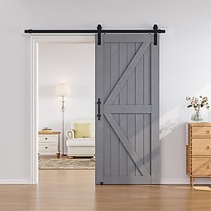 SMARTSTANDARD 36in x 84in Sliding Barn Door with 6.6ft Barn Door Hardware Kit & Handle, Pre-Drilled Ready to Assemble, DIY Unfinished Solid Spruce Wood Panelled Slab, K-Frame, Grey