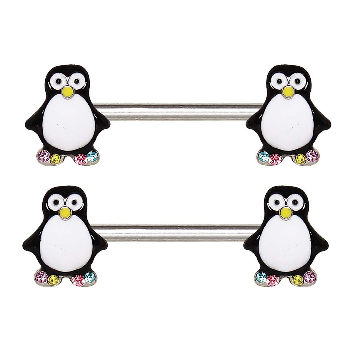 Pierced Owl Animated Penguin with Colorful CZ Crystal Gemmed Feet Nipple Ring Barbells, Sold as a Pair
