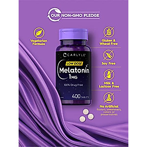Carlyle Melatonin 1 mg | 400 Low Dose Tablets | Drug Free Aid | Vegetarian, Non-GMO, Gluten Free