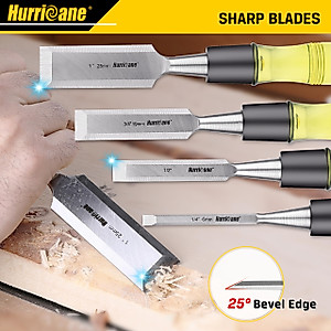 Hurricane 4 Piece Wood Chisel Set for Woodworking, CR-V Steel Beveled Edge Blade, Durable PVC High Impact Handle Wood Chisel
