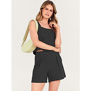 ANRABESS Womens 2 Piece Outfits Linen Square Neck Crop Short Set Lounge Matching Sets 2023 Trendy Clothes Summer Vacation Set for Beach Vacation Resort 997heise-S, Black
